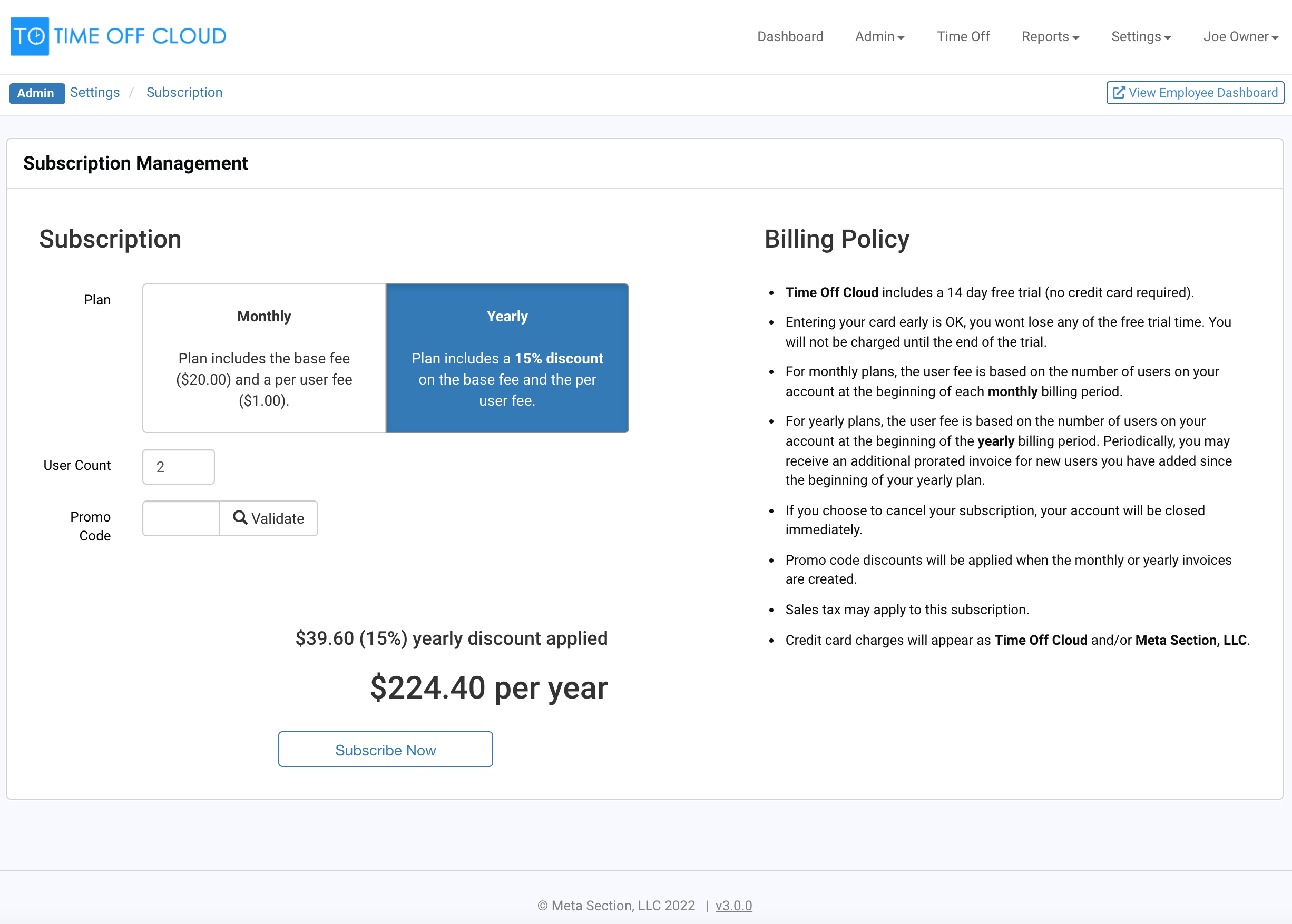 Subscribing to Time Off Cloud – Time Off Cloud